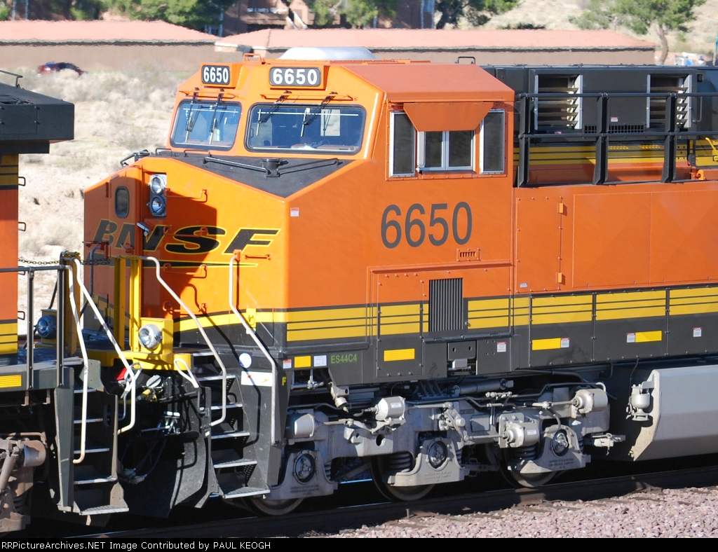 BNSF 6650 close up shot as she rolls west as a # 2 unit.